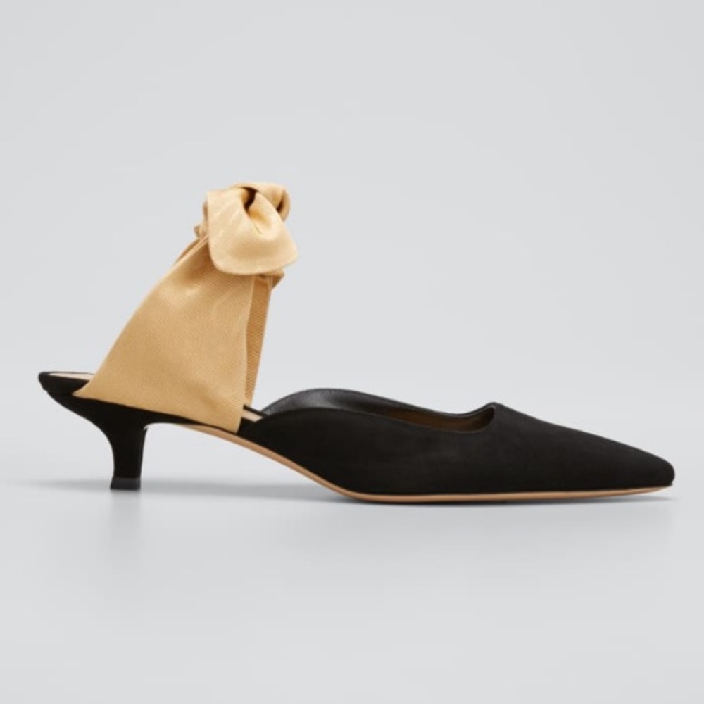 The Row “Coco” Tan Eel/Black Satin Bow Mule Pumps - Gem